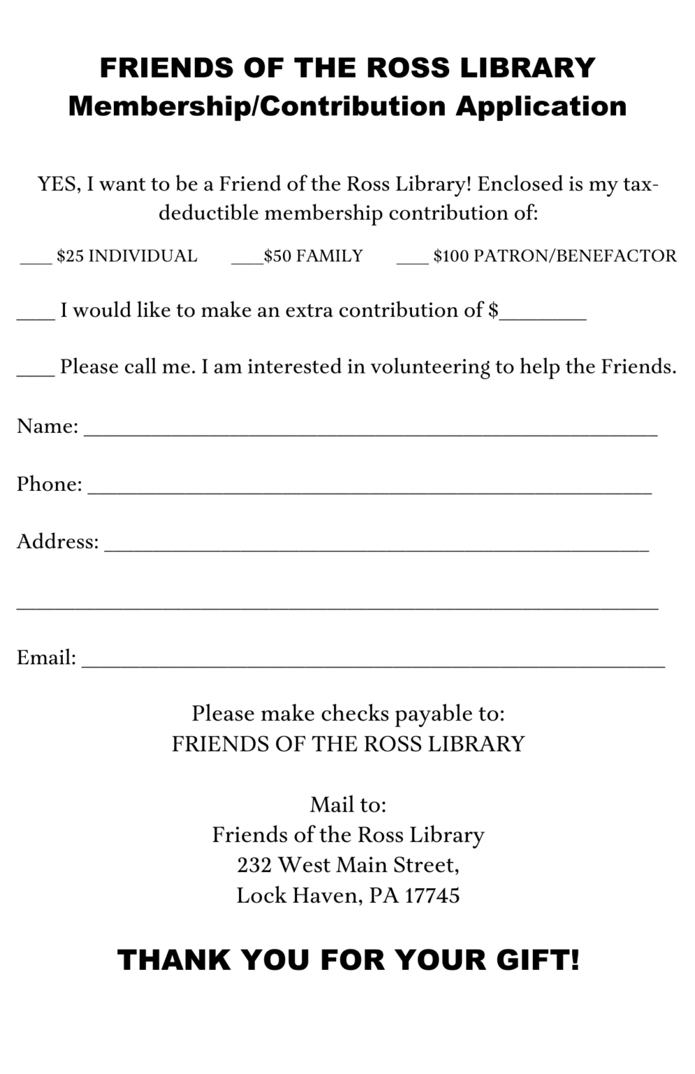 Friends of the Ross Library Application – Please Print and Return ...