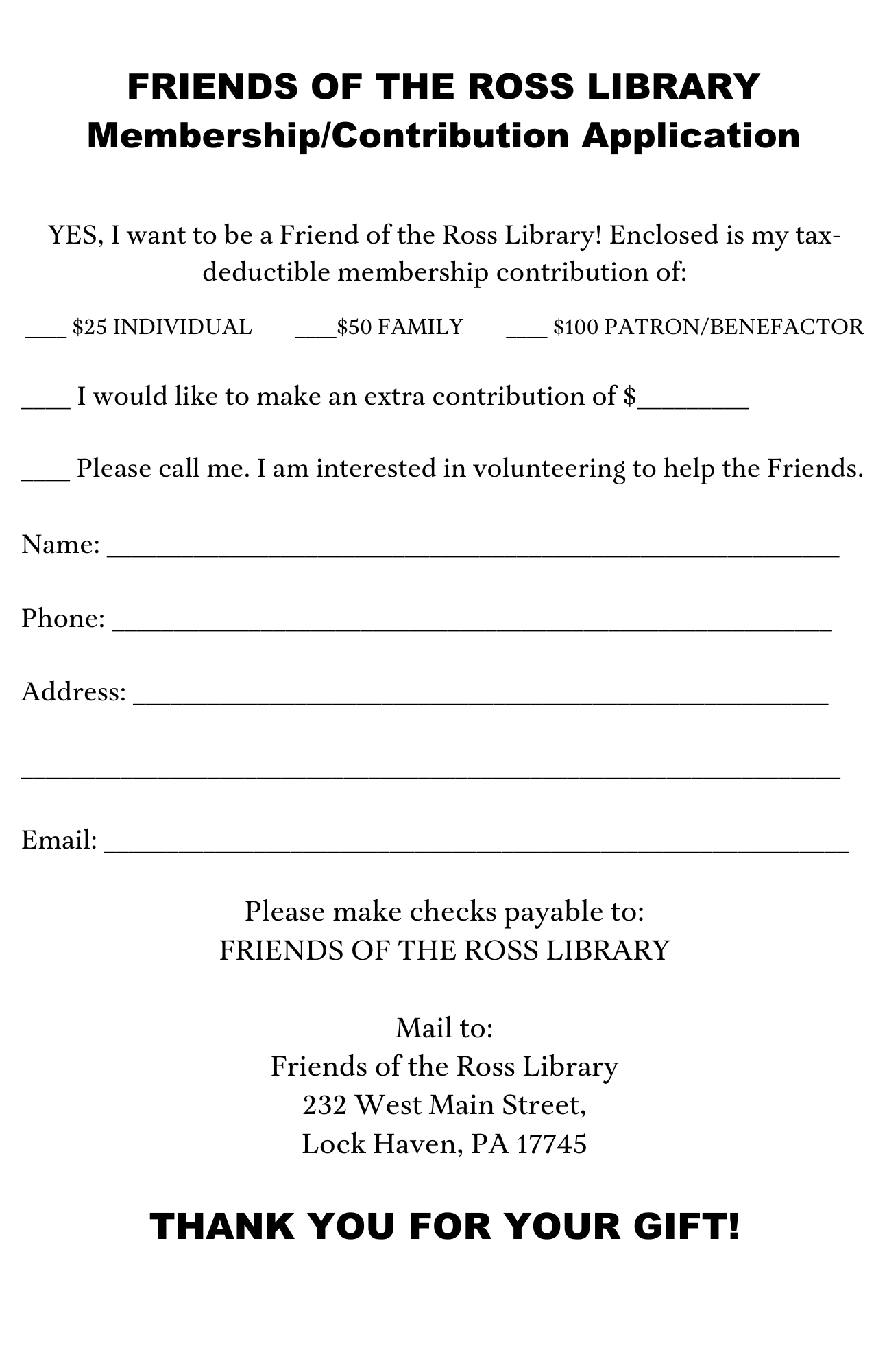 Friends of the Ross Library Application – Please Print and Return ...